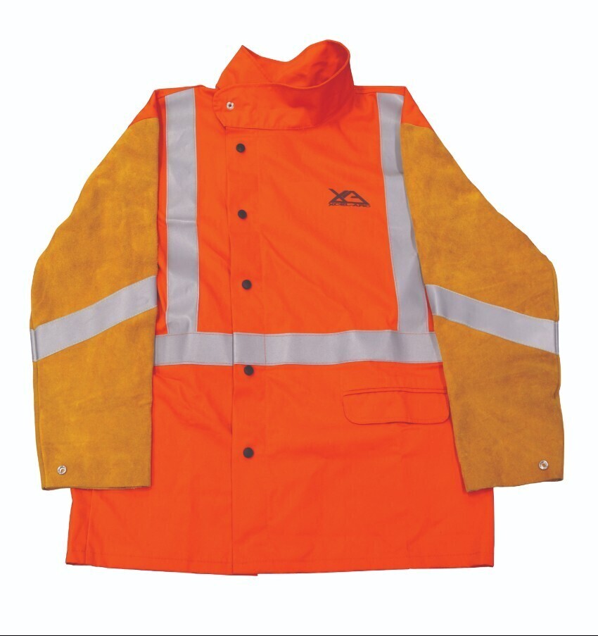 Orange Hi-Vis Flame Retardant Jacket With Leather Sleeves - SafetyHQ